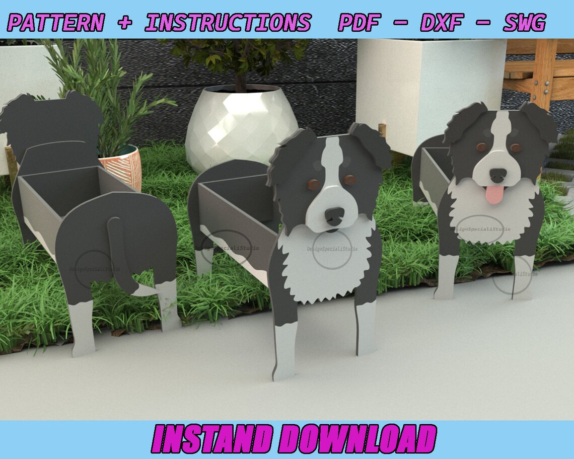 Border Collie Planter - Garden Ornament - Planter Box, Wooden Flower ...