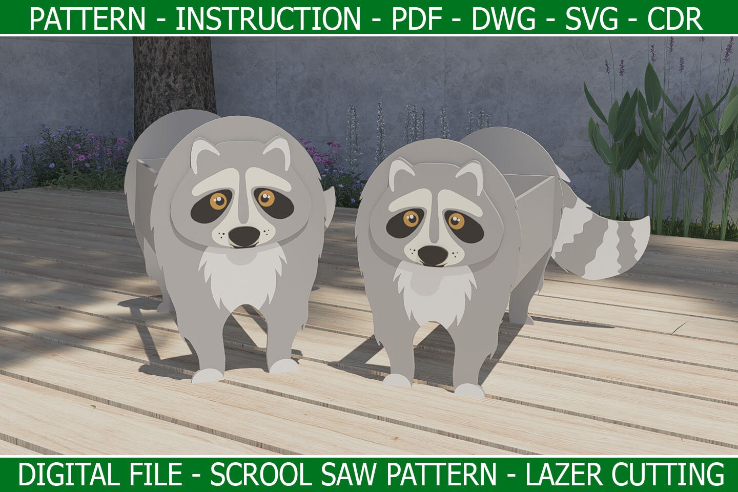 Racoon Planter DIY Pdf Animal Scroll Saw Pattern Racoon Indoor Planter ...