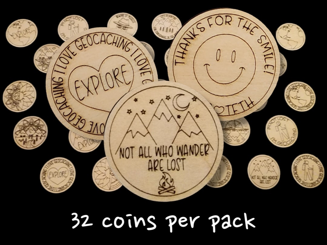 Geocaching Swag Tokens Wooden Nickels - Pack of 32 Coins - Customizable ...