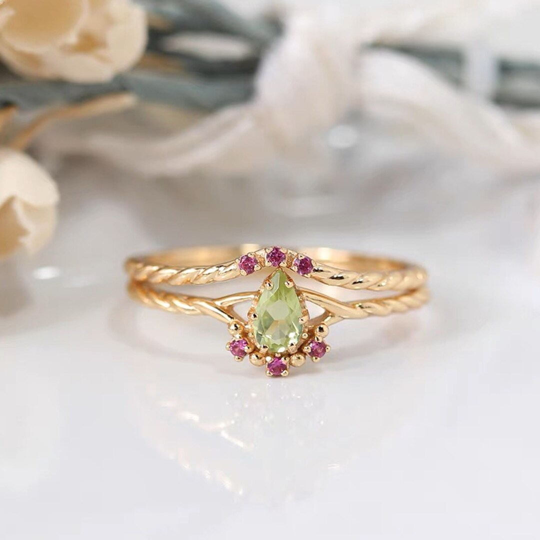 Gold Peridot Engagement Ring Set, Half Halo Ring, Peridot and Ruby Ring ...