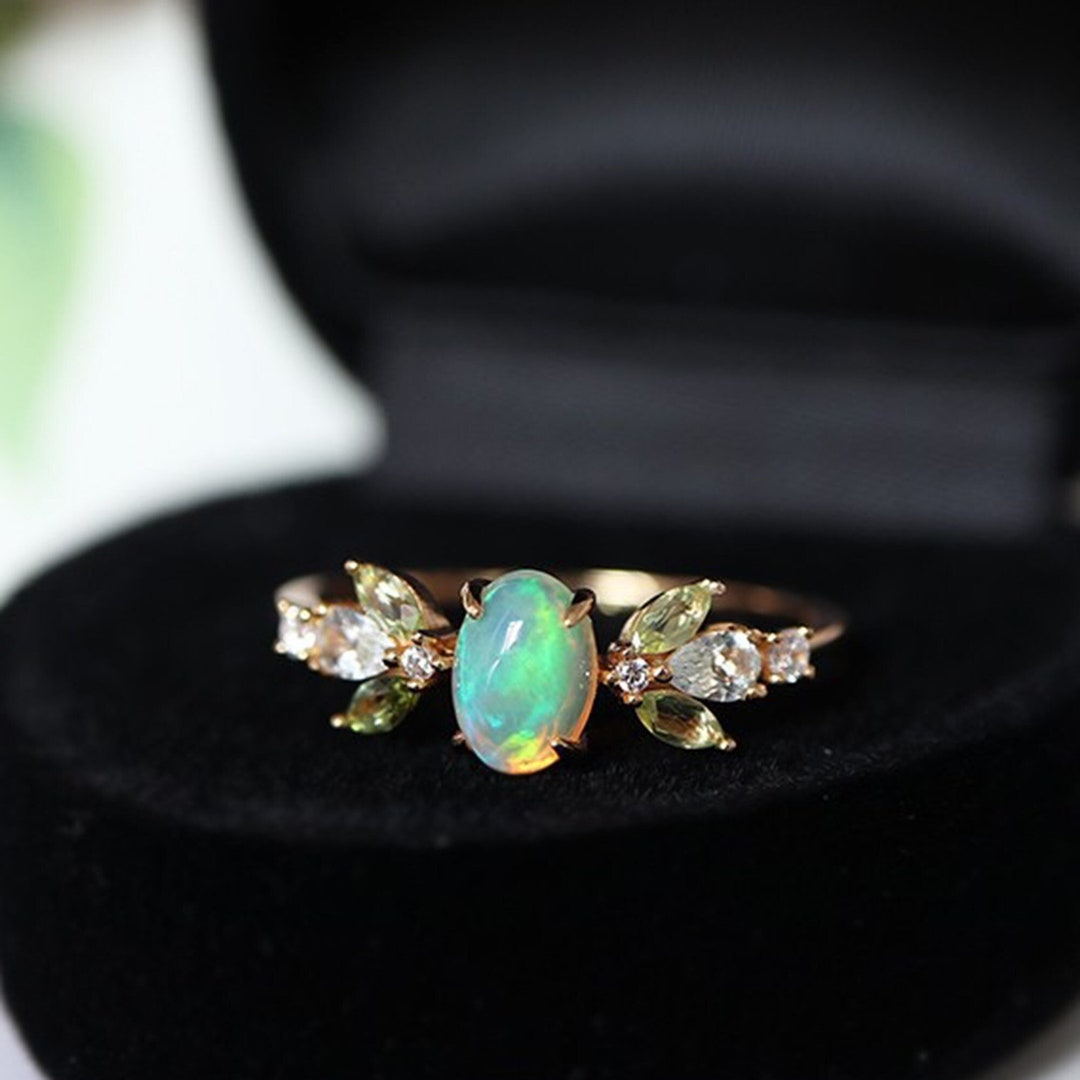 Natural Opal and Peridot Ring, Gold Opal Promise Ring, Leaf Ring ...