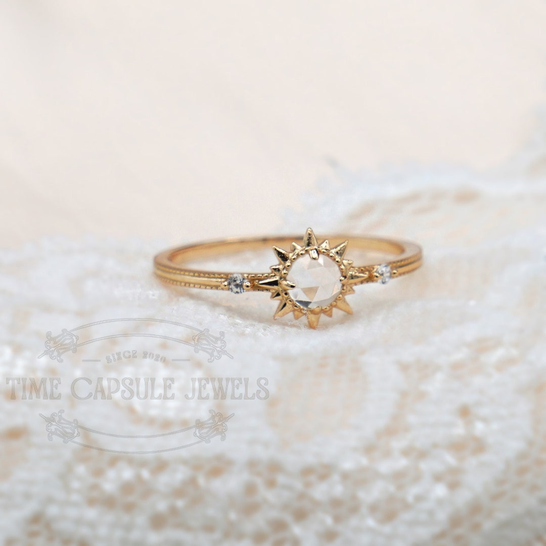 Gold Starburst Ring, White Quartz Ring, Rose Cut Rock Crystal ...