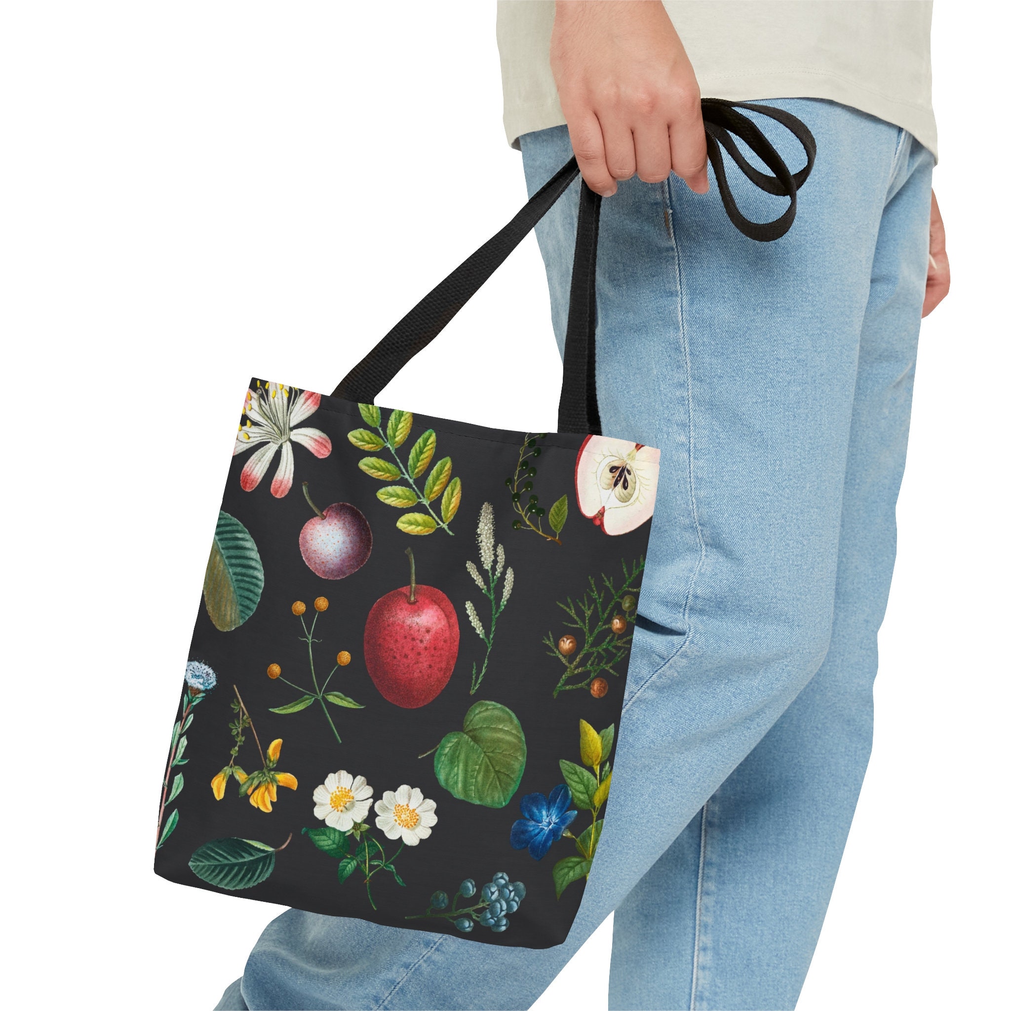 Black Multi Fruit Bag Flowers and Fruits Tote Bag AOP - Etsy