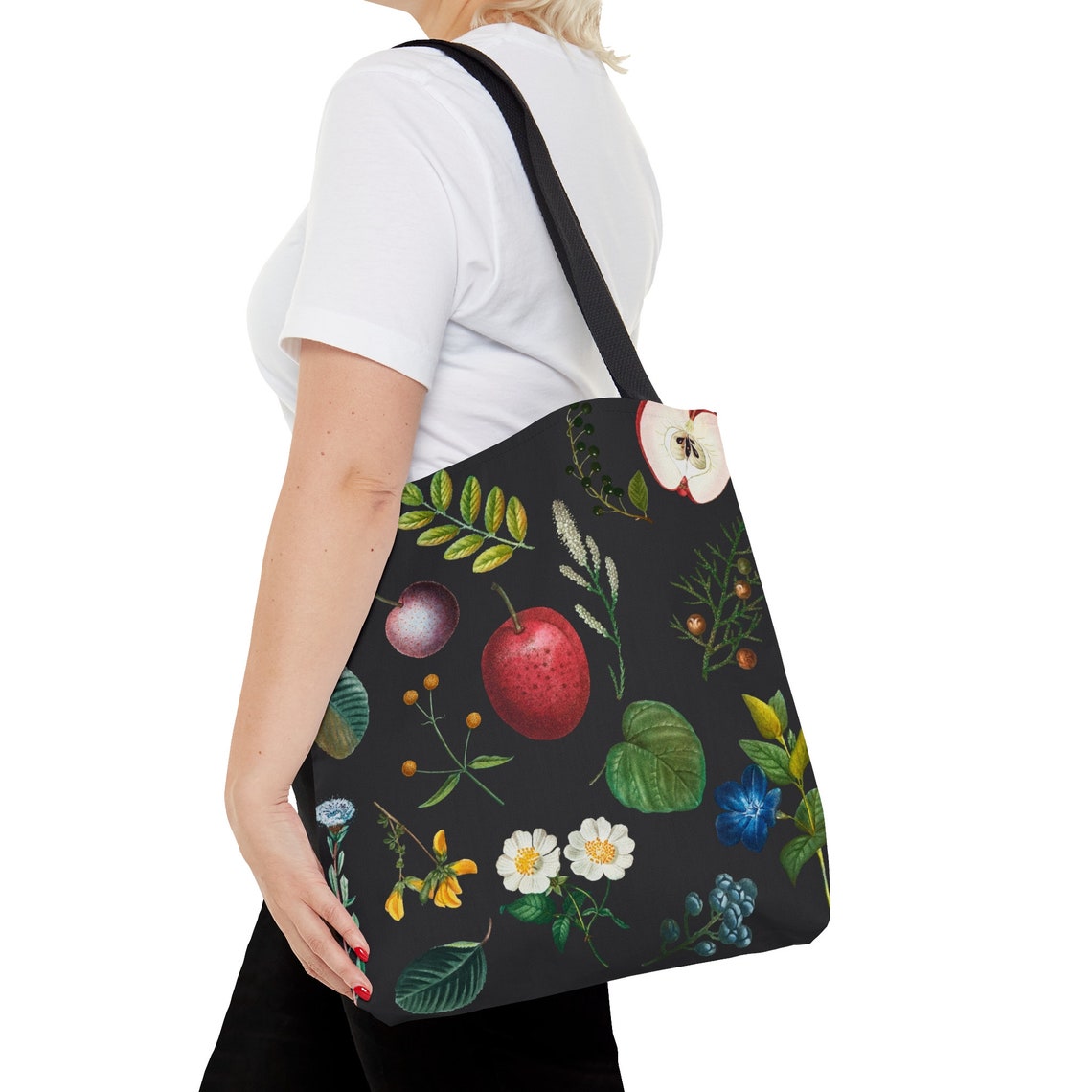 Black Multi Fruit Bag Flowers and Fruits Tote Bag AOP - Etsy