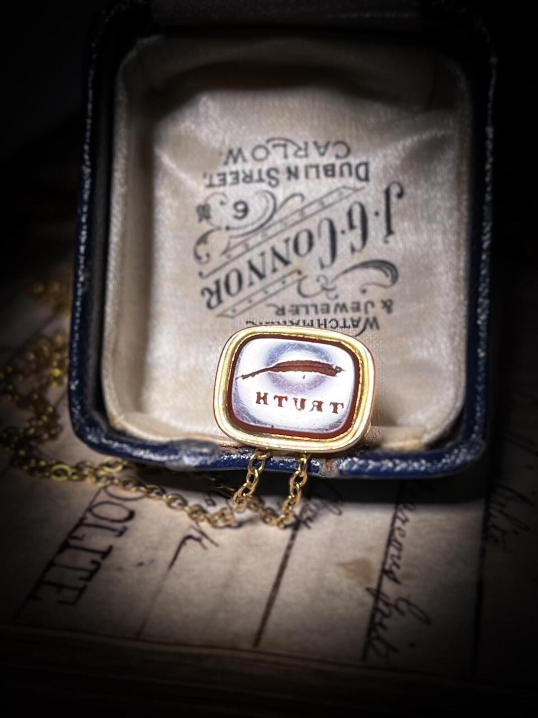 Georgian Feather Intaglio Motto Truth Fob Pendant in Solid 9 Carat Gold ...