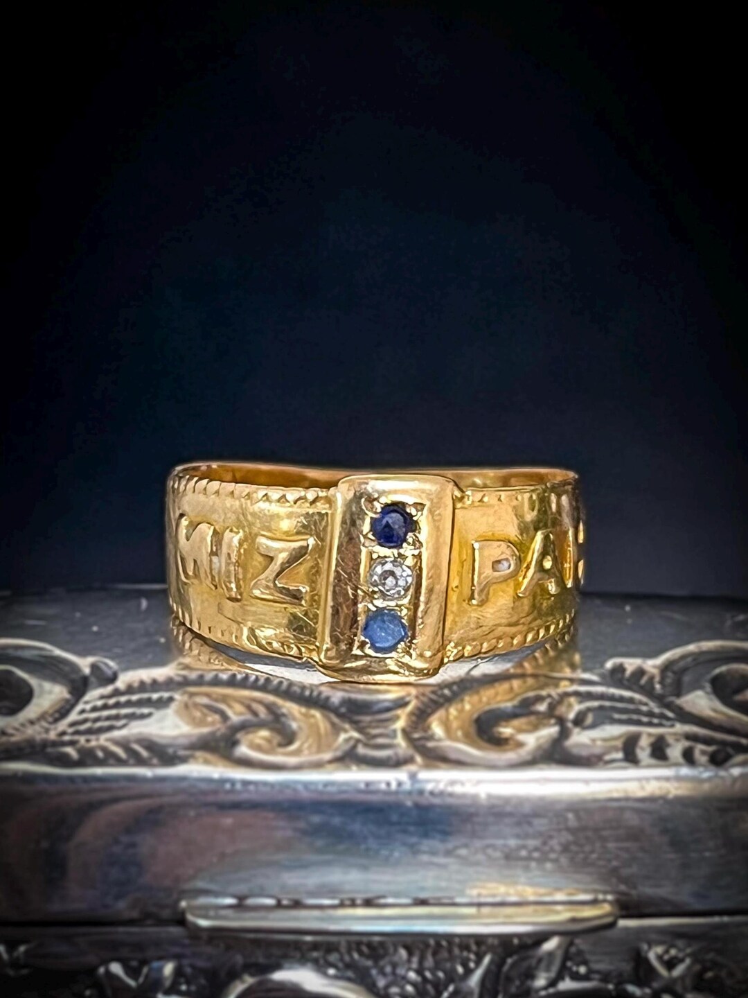 Antique Sapphire & Diamond Mizpah Band Ring in 18 Carat Gold C. 1918 ...