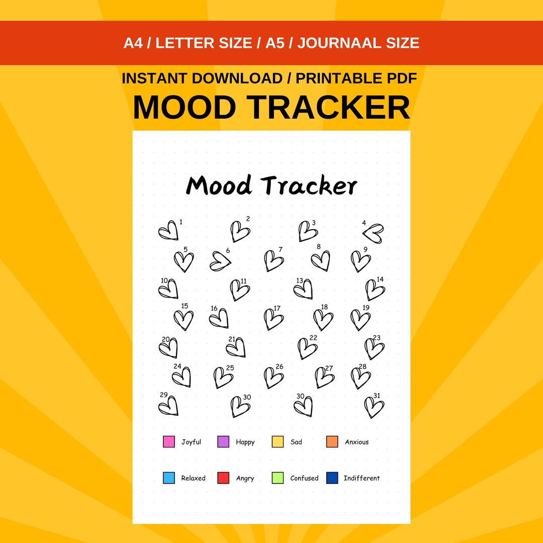 Heart Mood Tracker Printable Journal Page, Planner Page, Feelings ...
