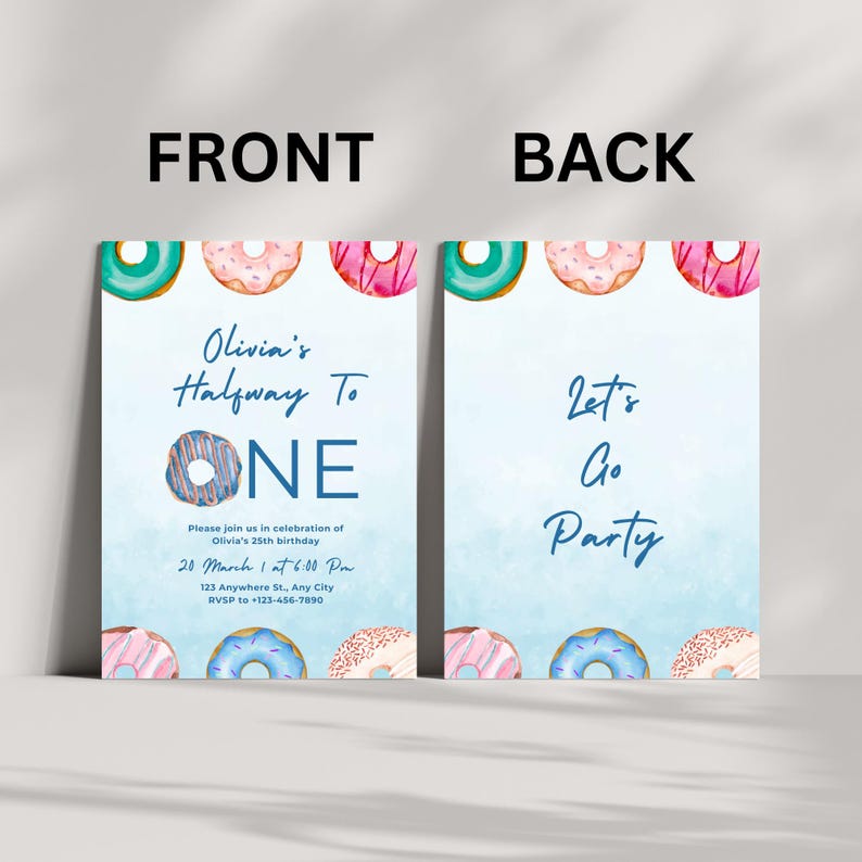 Editable Donut Half Birthday Invitation: Blue Canva Template (digital ...
