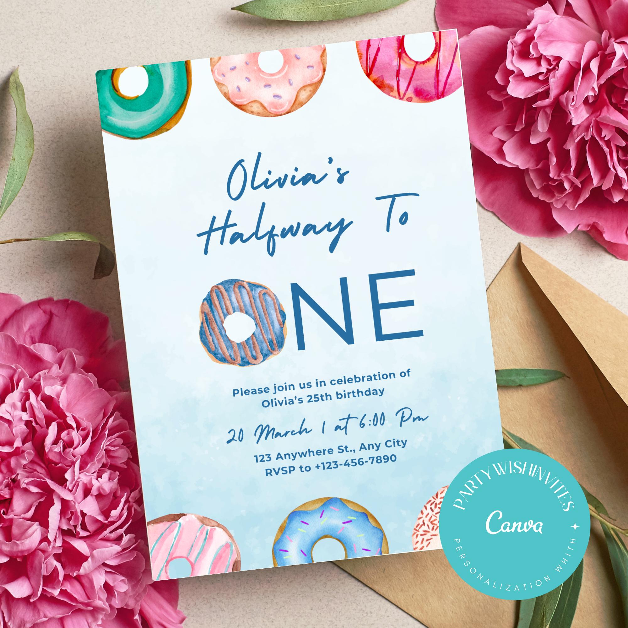 Editable Donut Half Birthday Invitation: Blue Canva Template (digital ...