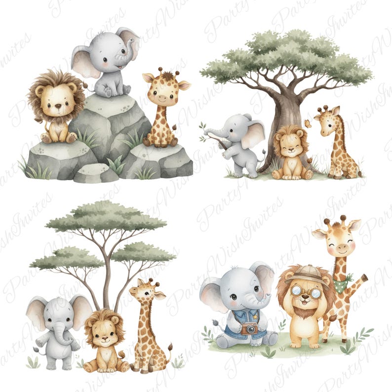 Watercolor Safari Animals Clipart, Jungle Nursery Decor, Baby Shower ...