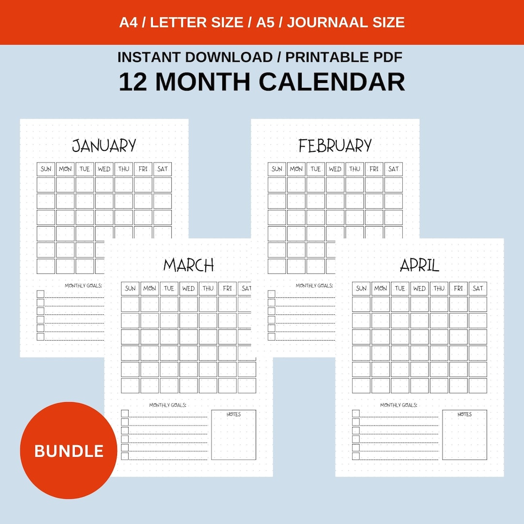 12 Month Printable Calendar Bundle – Includes Journal Templates ...