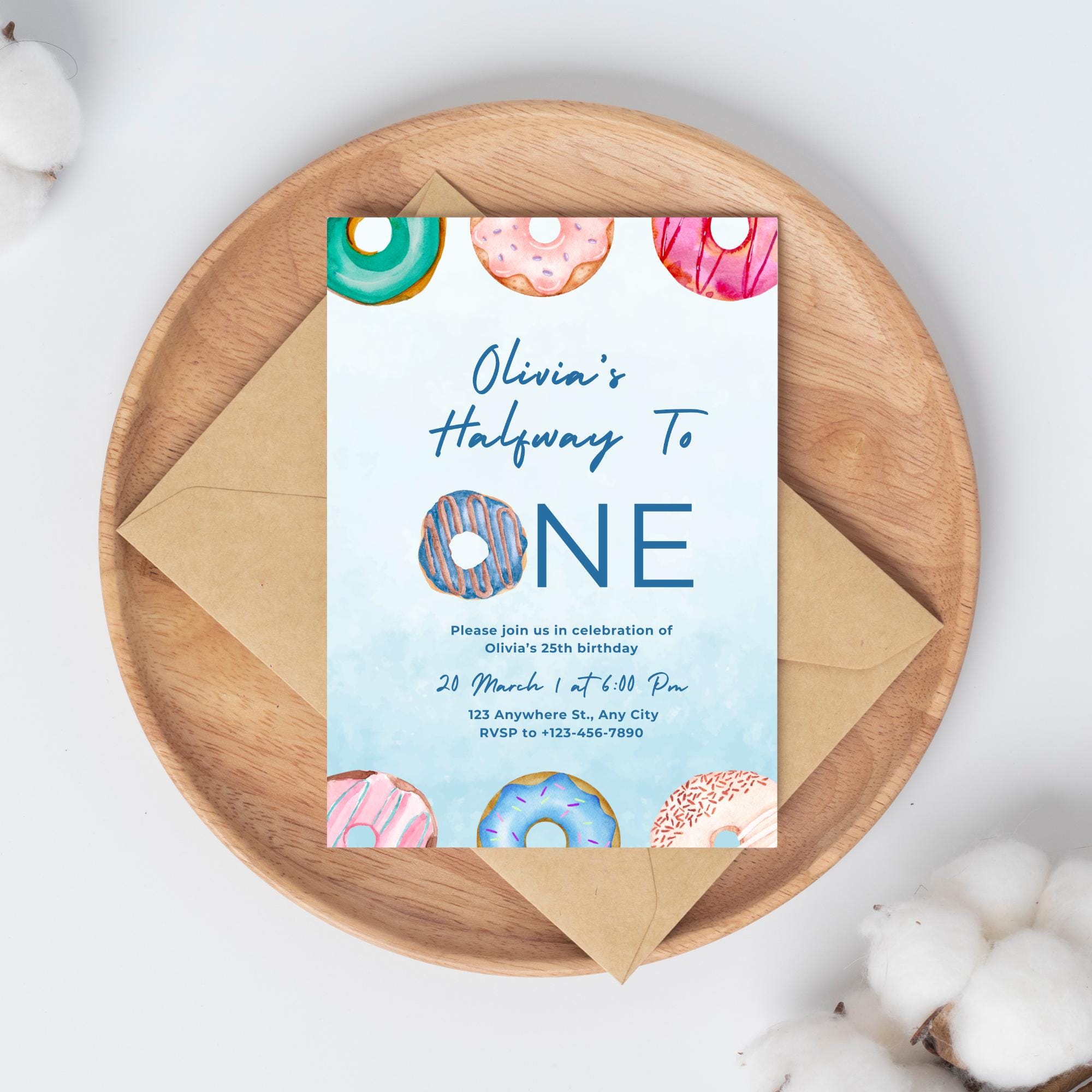 Editable Donut Half Birthday Invitation: Blue Canva Template (digital ...