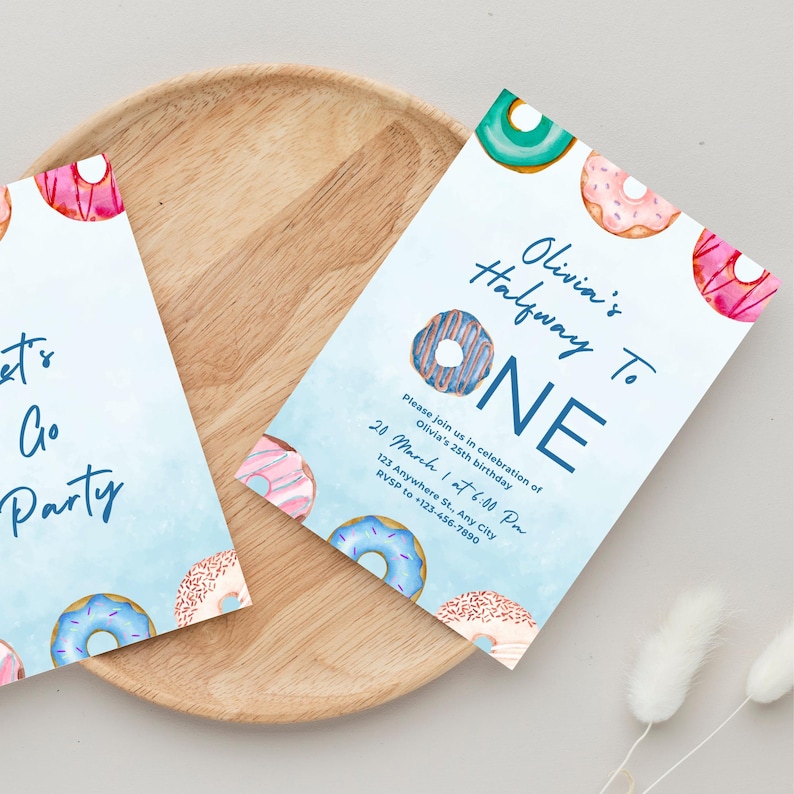 Editable Donut Half Birthday Invitation: Blue Canva Template (digital ...