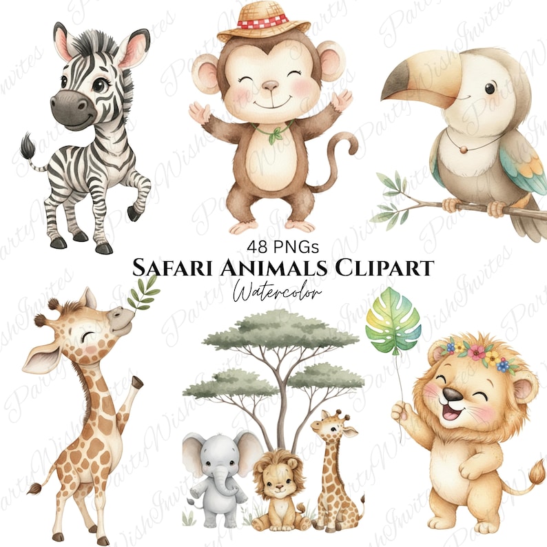Watercolor Safari Animals Clipart, Jungle Nursery Decor, Baby Shower ...