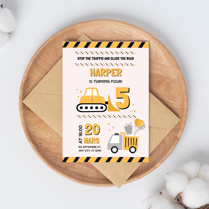 Editable Construction Birthday Invitation, Dump Truck & Excavator ...
