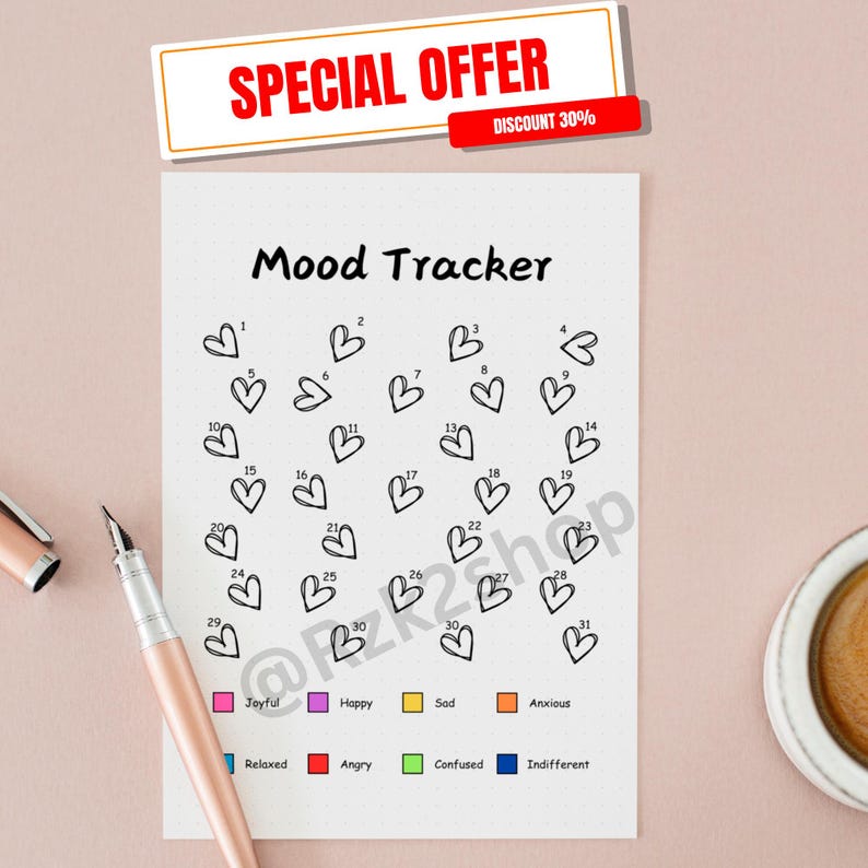 Heart Mood Tracker Printable Journal Page, Planner Page, Feelings ...