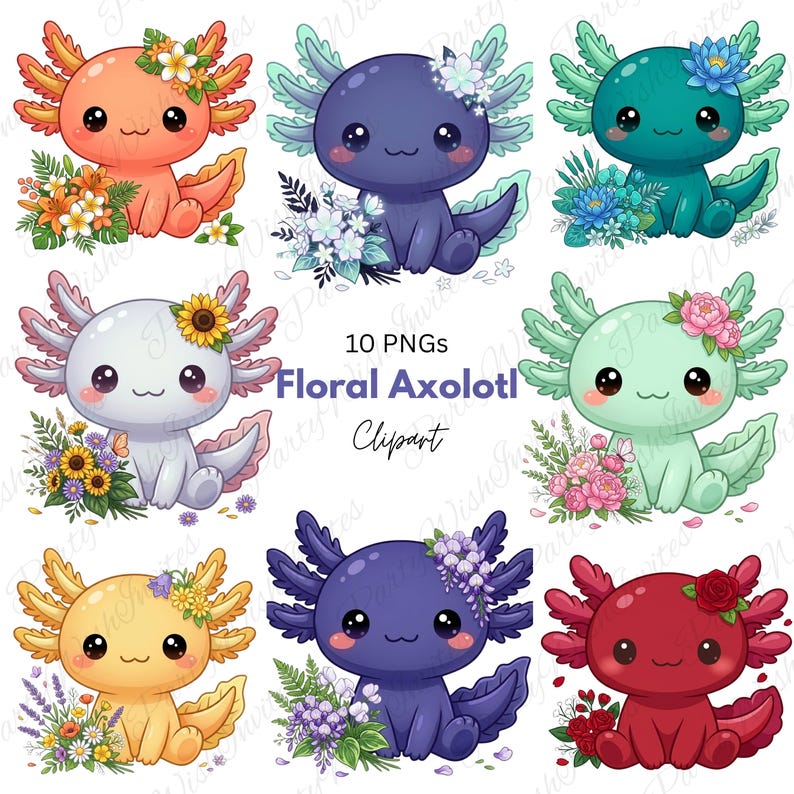 Floral Axolotl Clipart – Watercolor Kawaii Digital Art (PNG Download ...