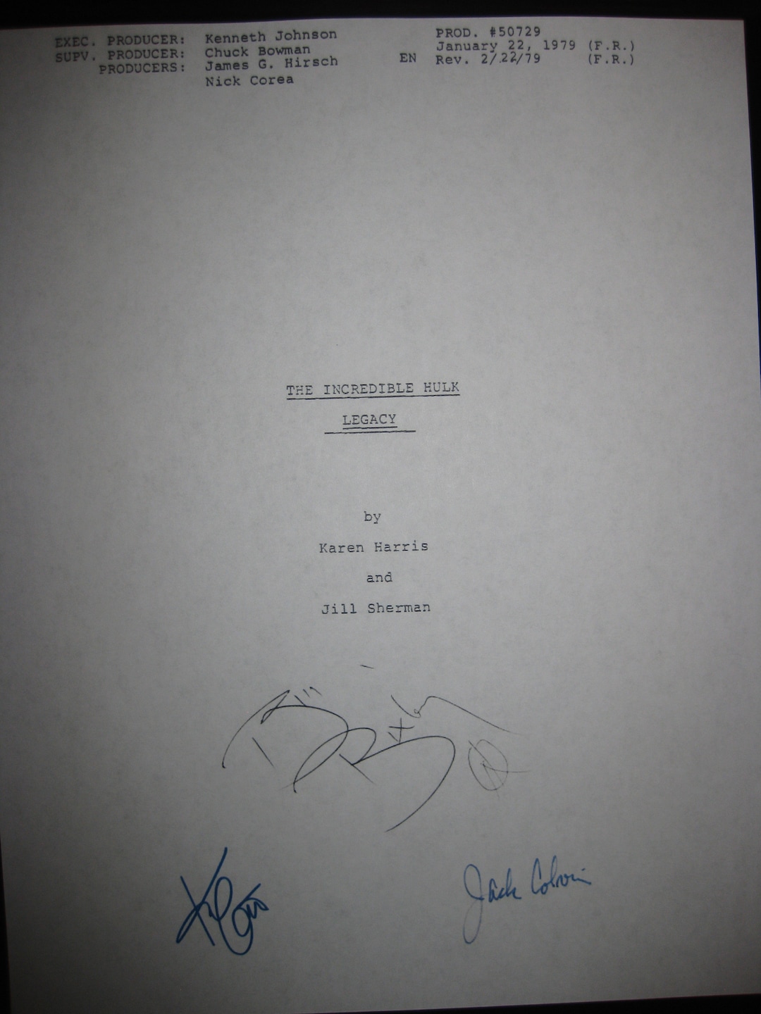 The Incredible Hulk Signed TV Script Screenplay Autographs Bill Bixby ...