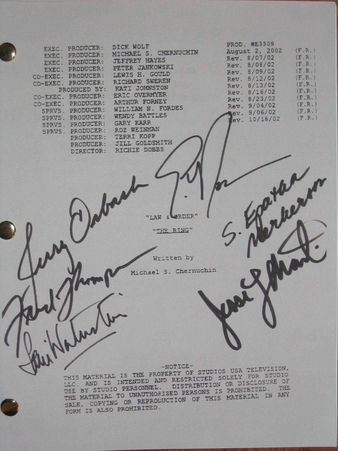 Law & Order Signed TV Script Screenplay X6 Autographs Jerry Orbach Sam ...