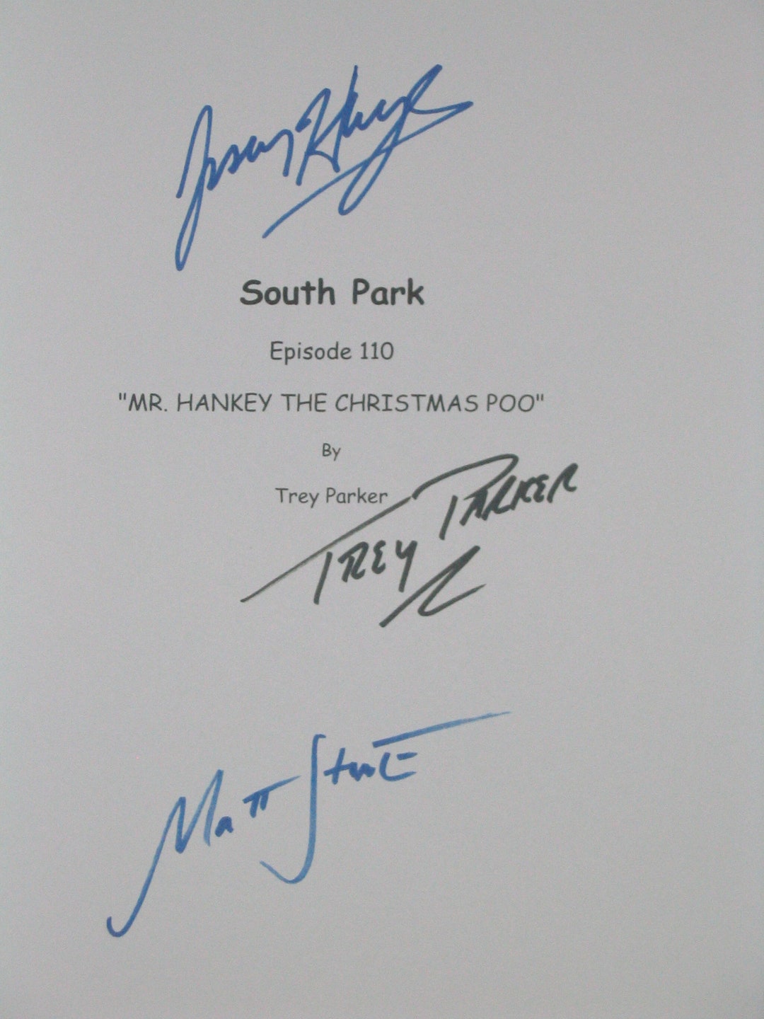 South Park Signed TV Screenplay Script X3 Autograph Mr. Hankey the ...