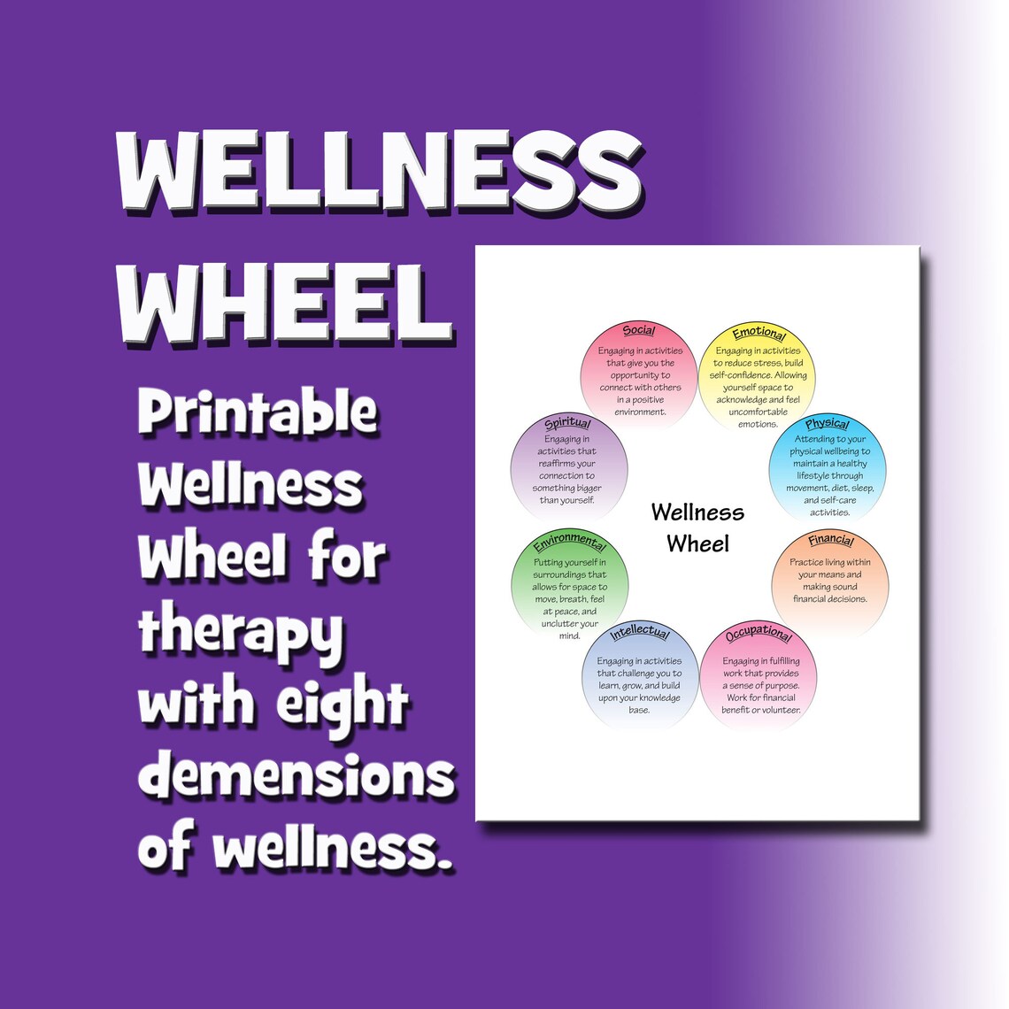 Wellness Wheel, Self Care Wheel, Wellness Dimensions, Therapy Handout ...
