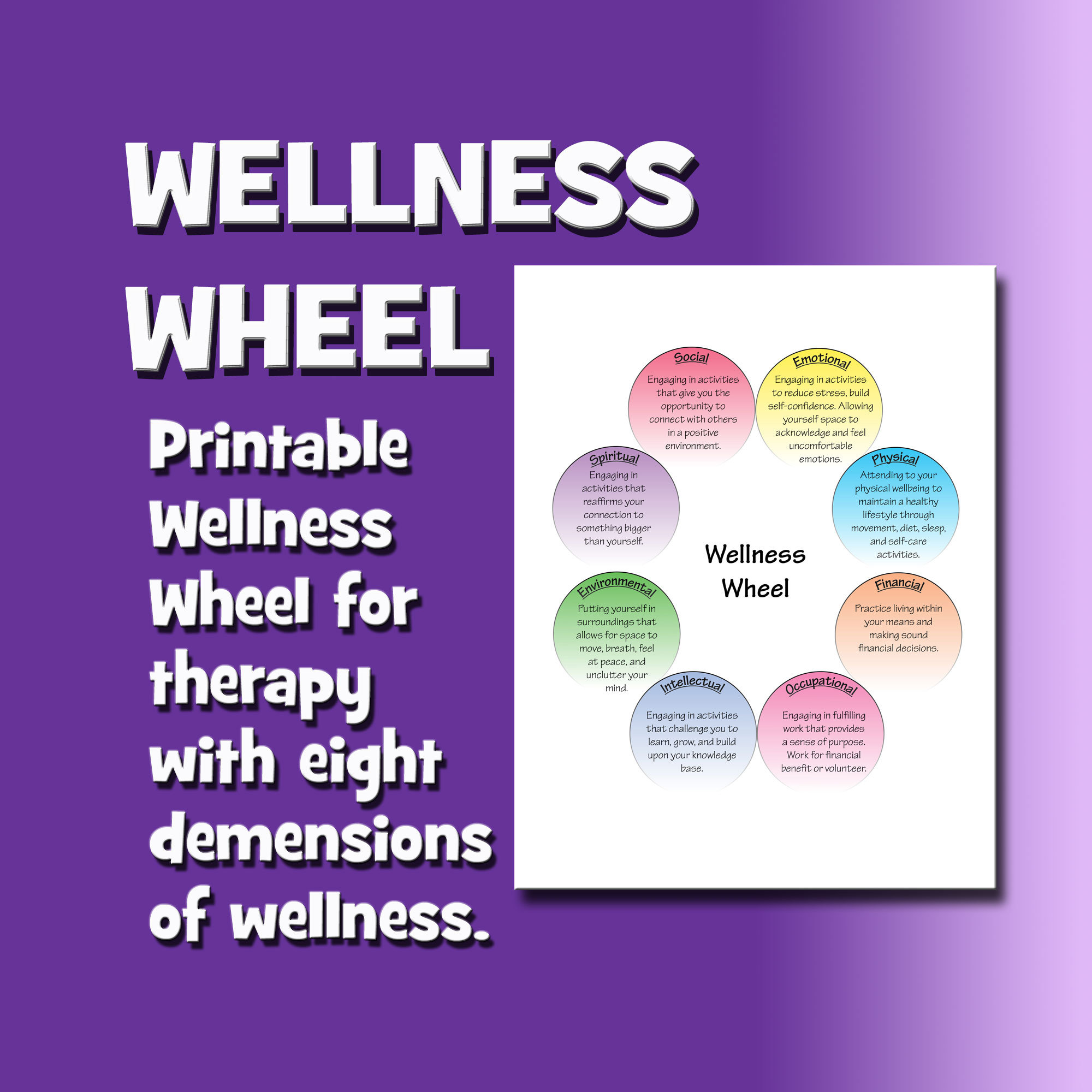Wellness Wheel, Self Care Wheel, Wellness Dimensions, Therapy Handout ...