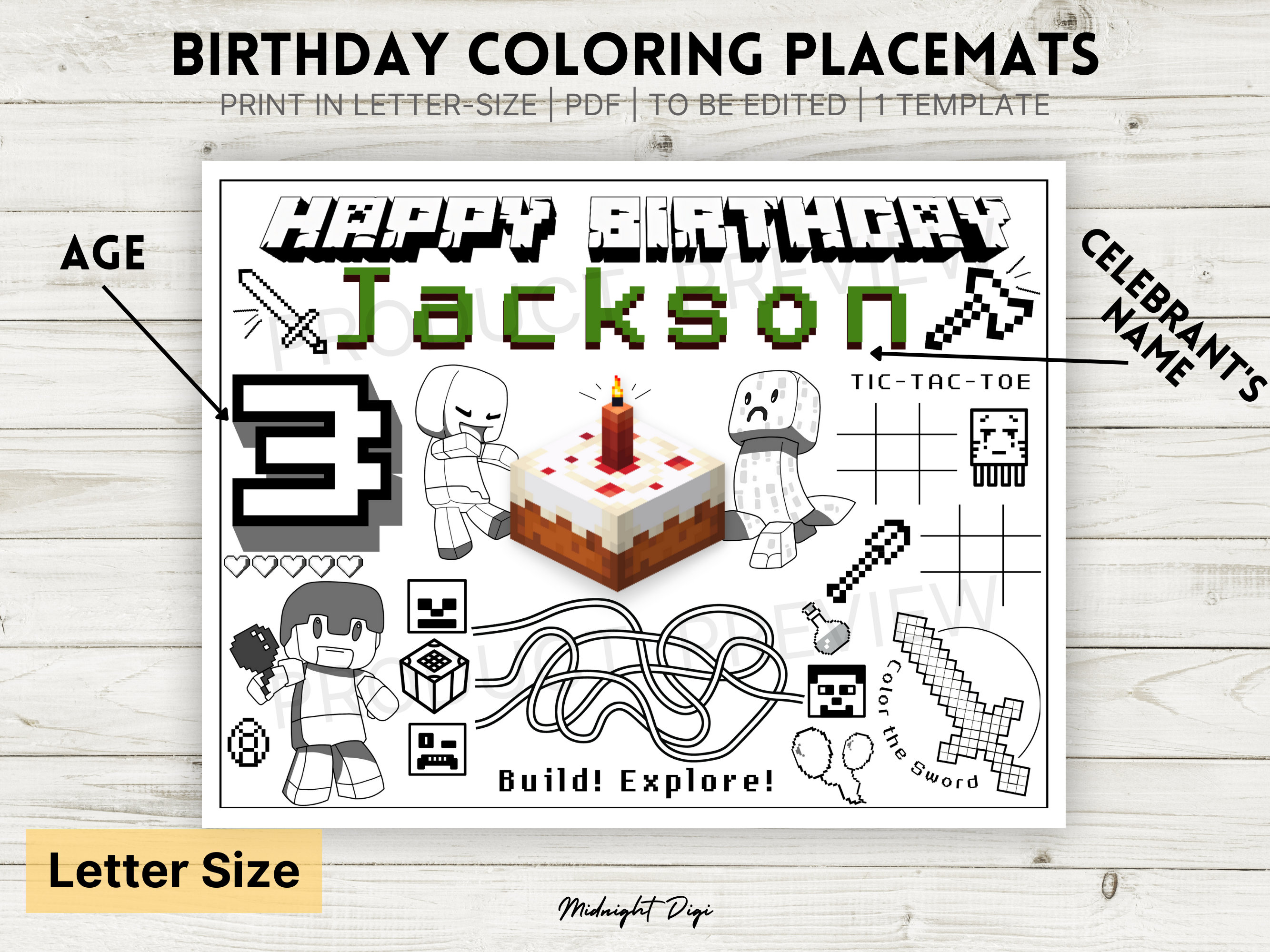 Minecraft Birthday Coloring Placemat Personalized Coloring Placemat ...
