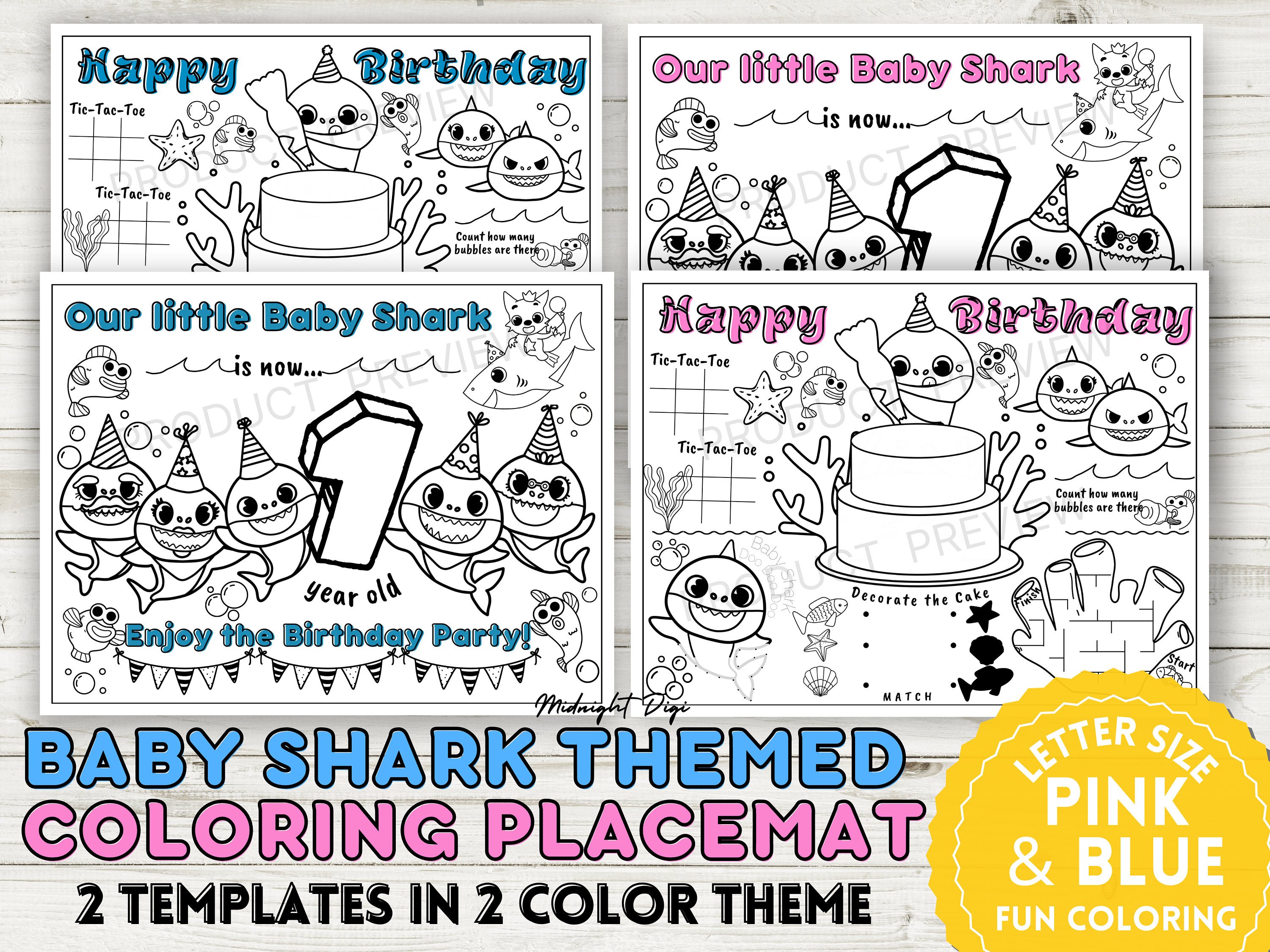 Baby Shark| Ages 1-7| Birthday Coloring Placemats | 2 Templates in 2 ...