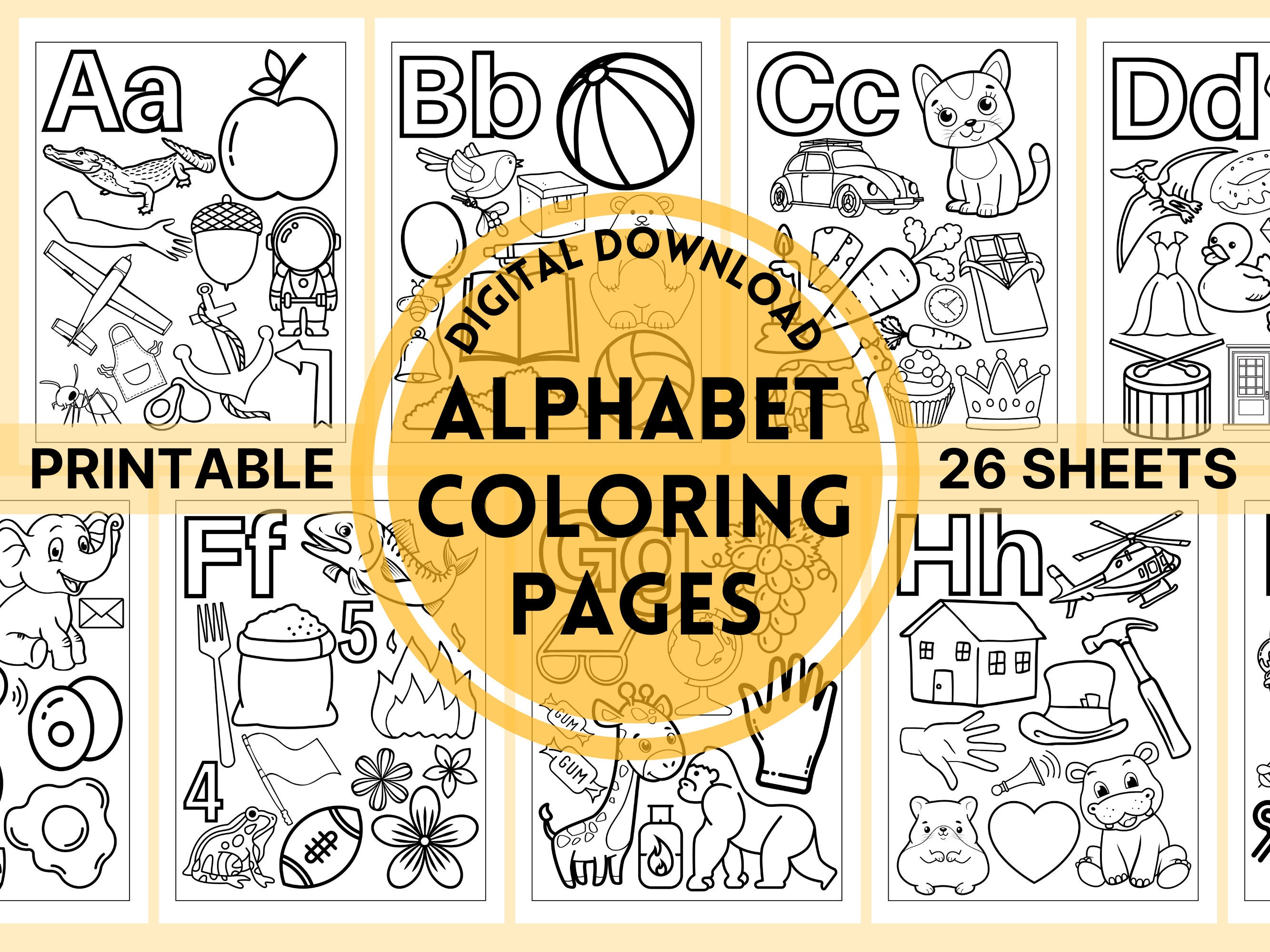 Printable Alphabet Coloring Pages | 26 Sheets |PDF File| Fun Coloring ...