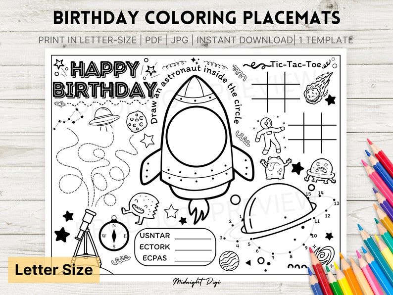 Space Birthday Coloring Placemat | Space Coloring | Coloring for Kids ...
