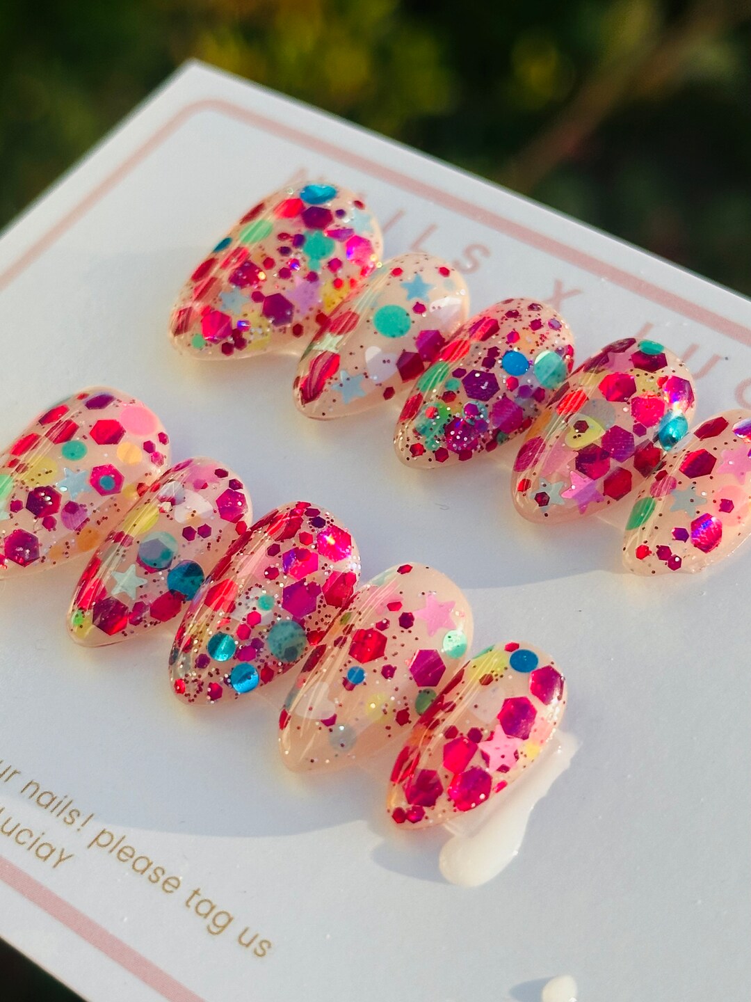 Glitter Confetti Luxury Press on Nails , HAND Made Encapsulated Nails , Fake Nails, Stick on ...