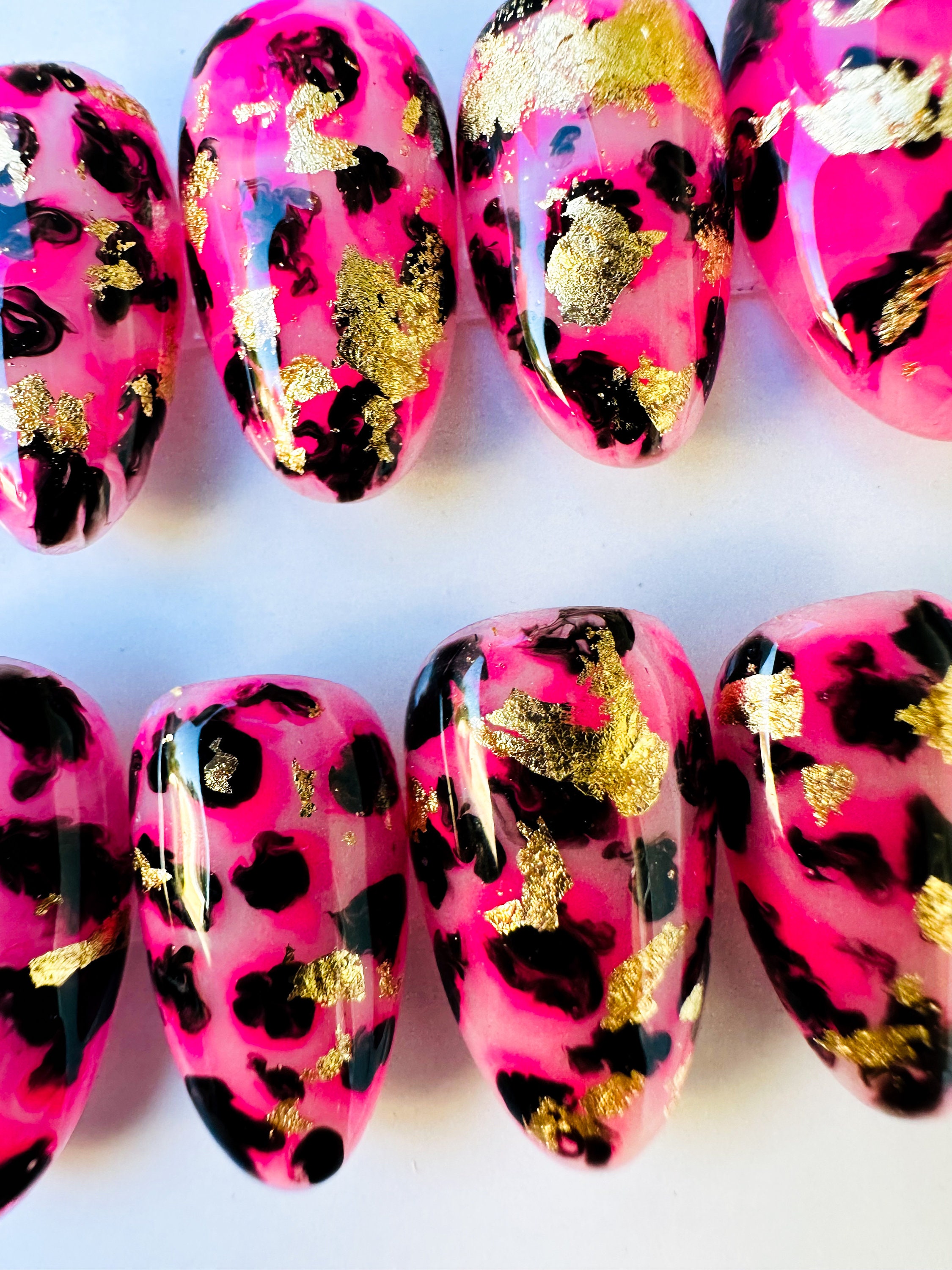 Pink Tortoise Gold Leaf || Luxury Press on Nails , Hand Painted Nails ...