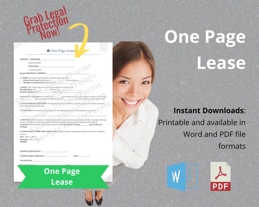 One Page Lease Agreement, Simple One Page Rental Form, Basic Printable ...