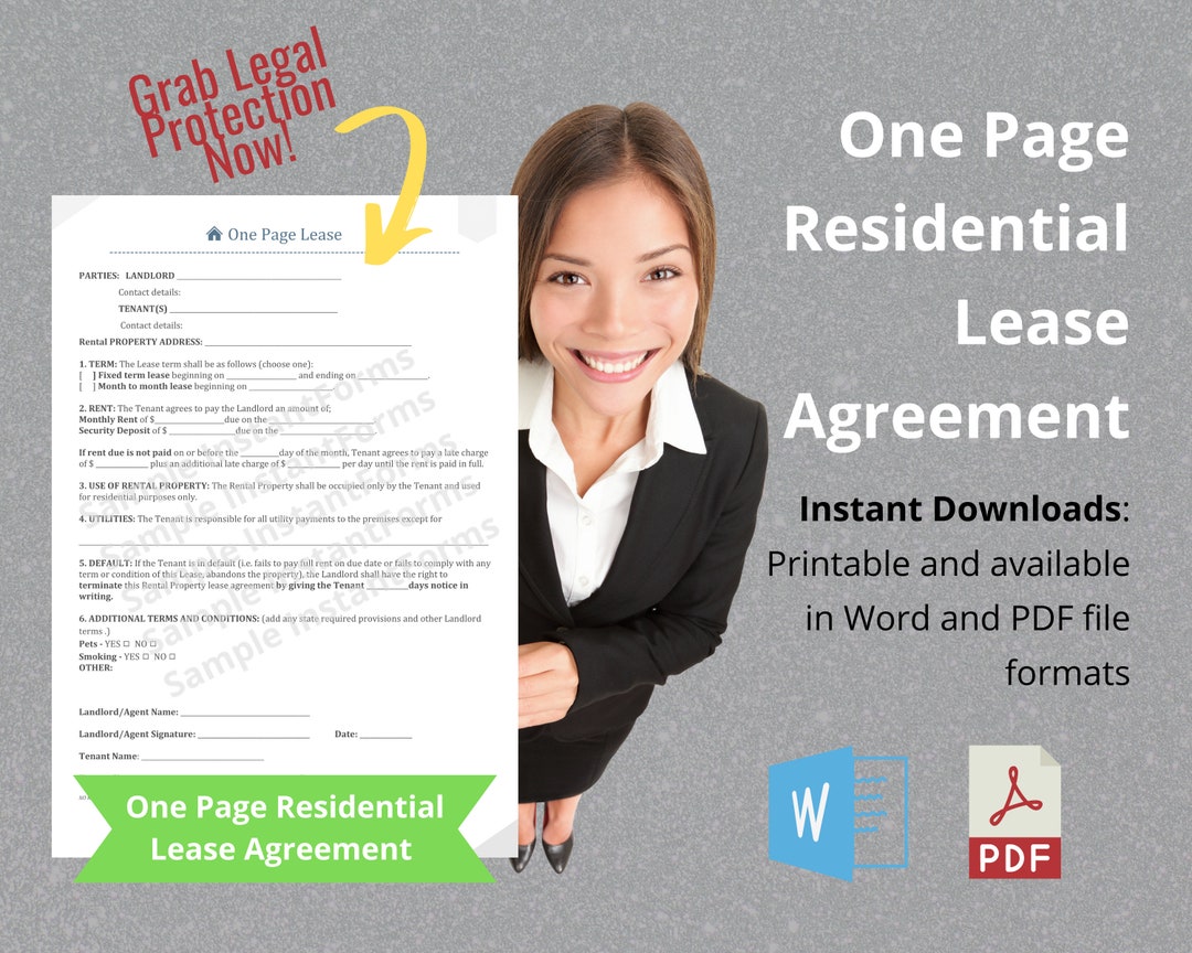 One Page Residential Lease Agreement, 1 Page Lease Agreement, Simple ...