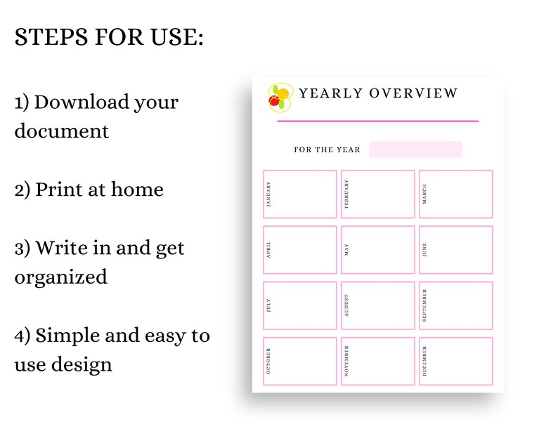 Yearly Planner Printable, Yearly Overview, Instant Download, Fillable ...