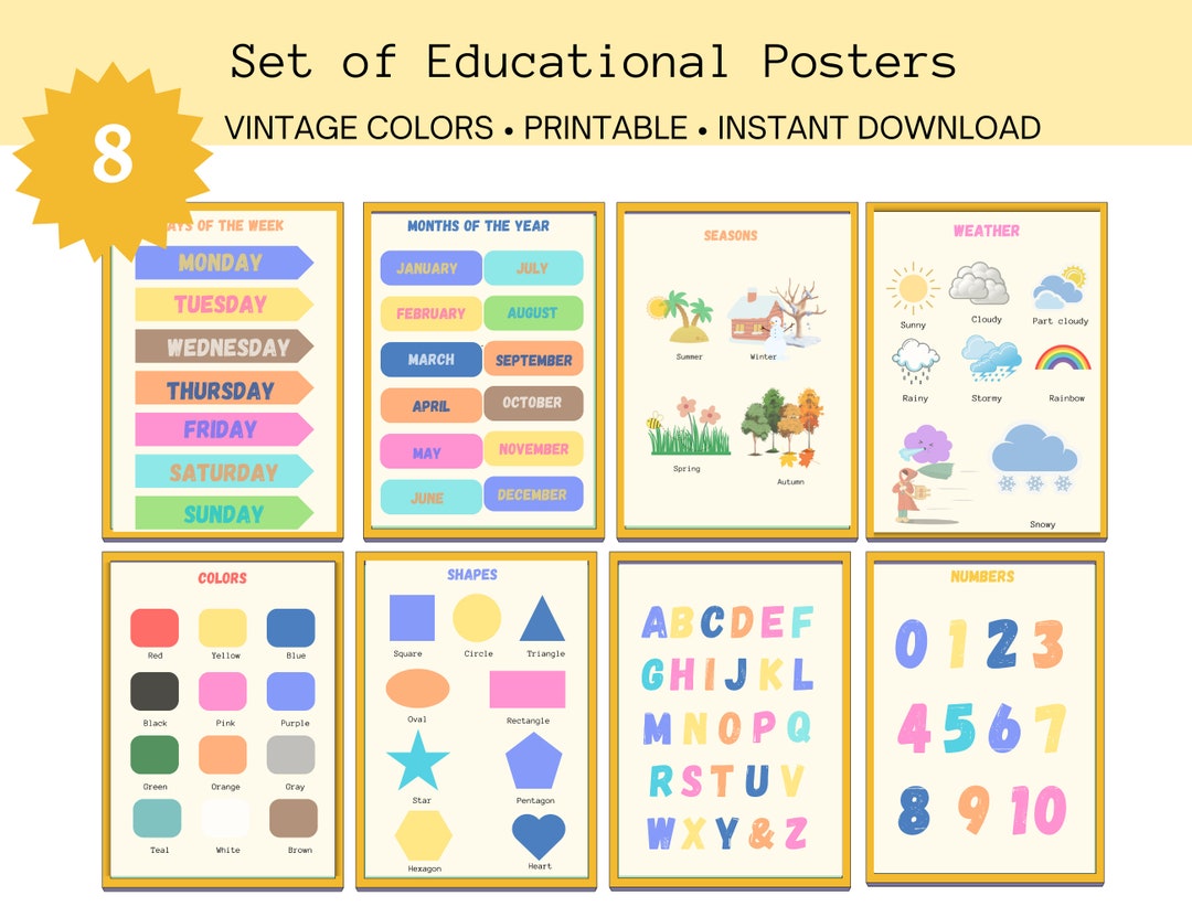Set of 8 Educational Posters, Classroom, Toddler Room and Montessori ...