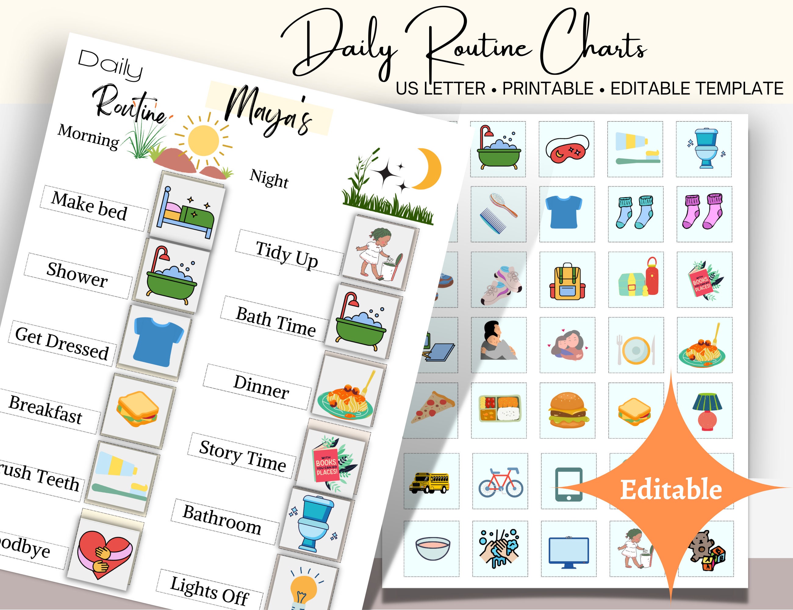 Kids Daily Routine Charts and Cards Printable, Morning and Night ...