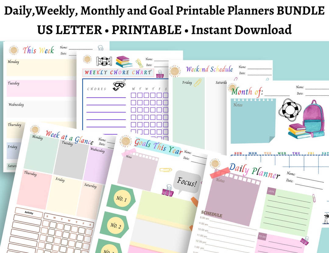 7 Pages Kids Printable Planners + 7 Fillable, Daily, Weekly, Monthly ...