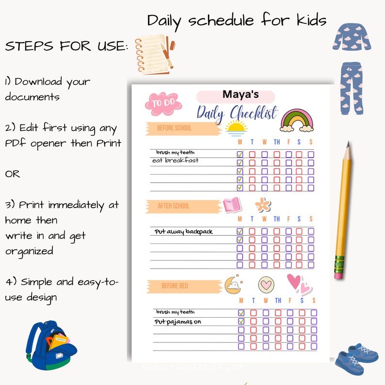 Kids Daily Checklist, Routine Chart, Responsibility Chart, Homeschool ...