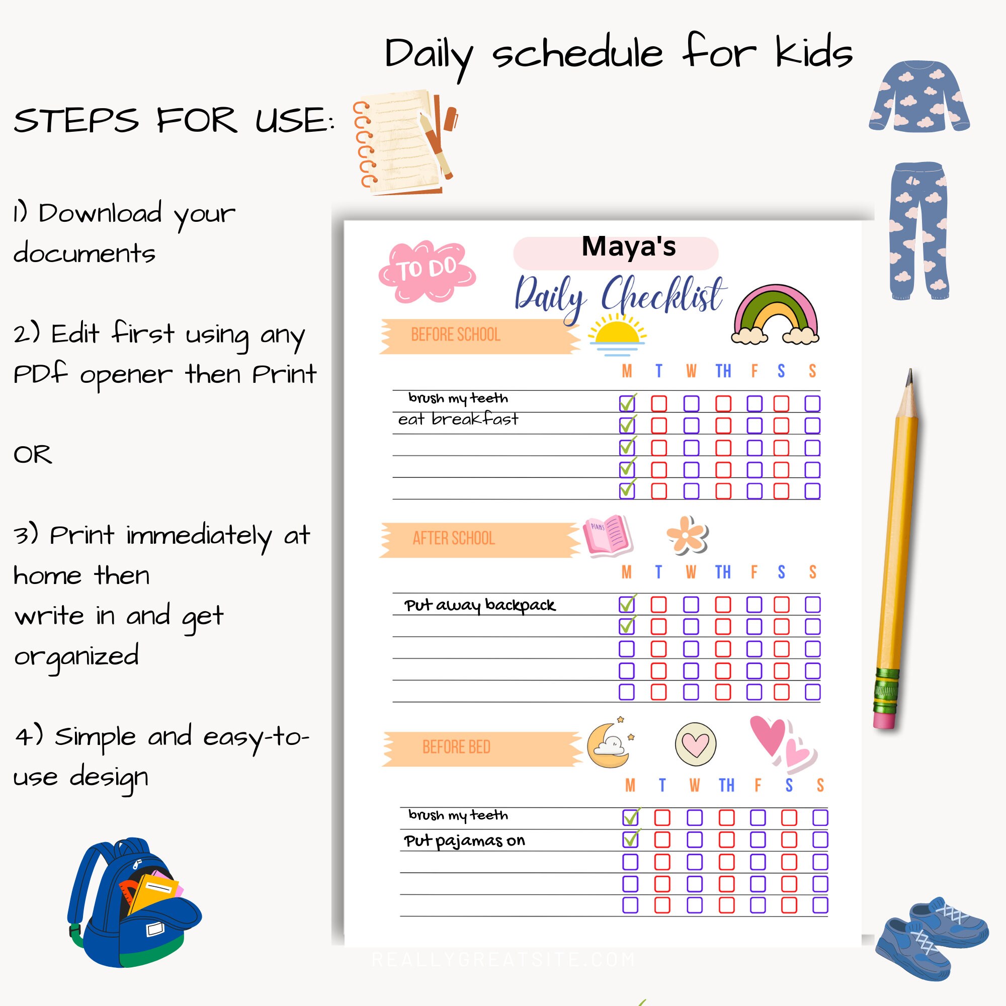 Kids Daily Checklist, Routine Chart, Responsibility Chart, Homeschool ...