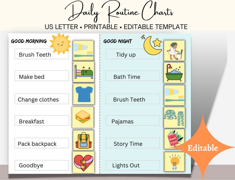 Kids Daily Routine Charts Printable, Morning and Night Schedule Letter ...
