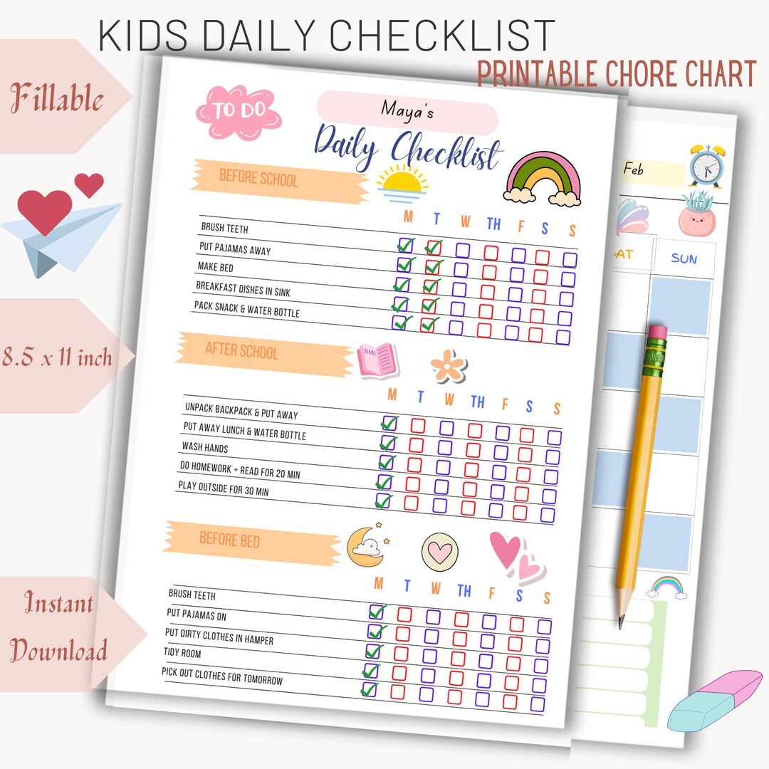 Kids Daily Checklist, Routine Chart, Responsibility Chart, Homeschool ...