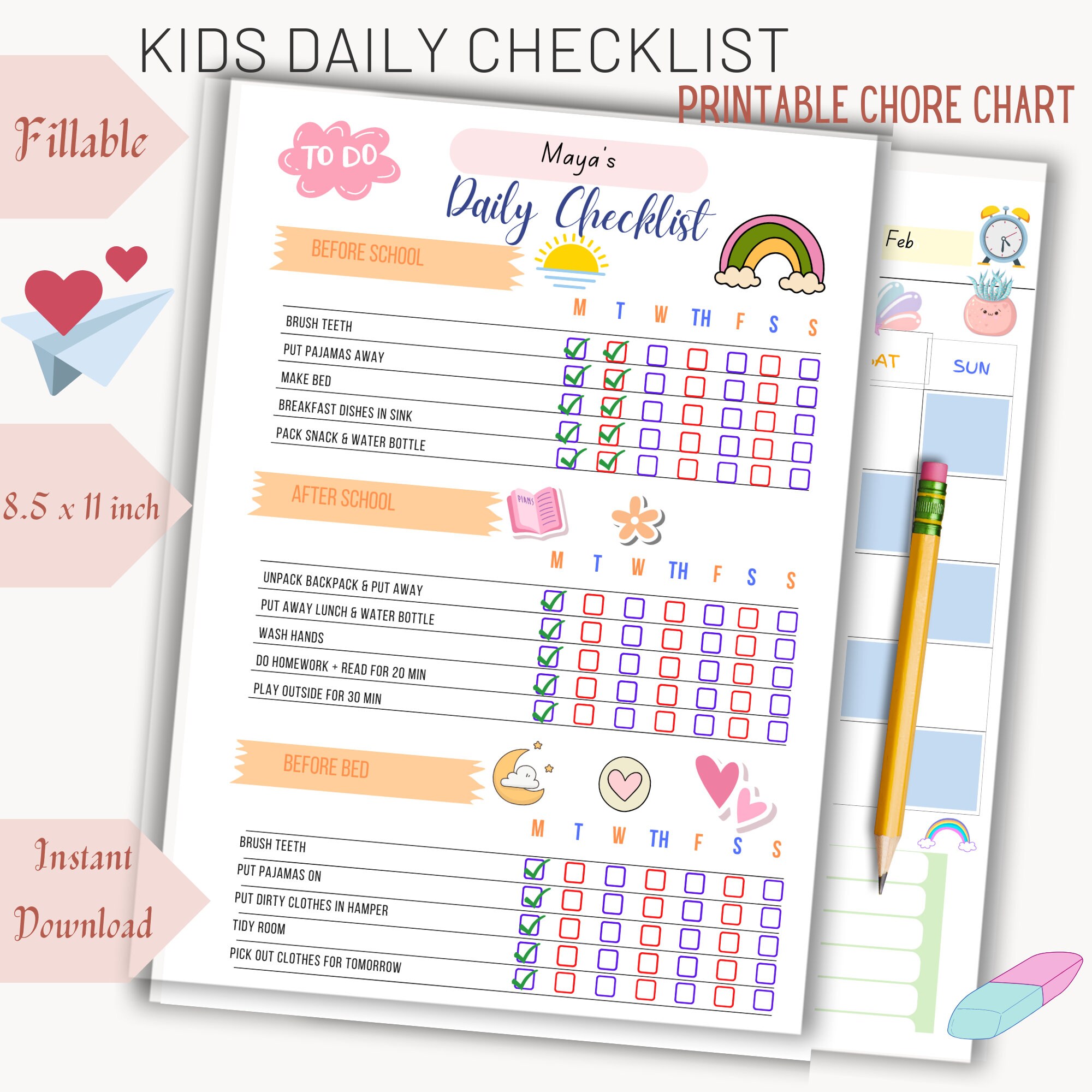 Kids Daily Checklist, Routine Chart, Responsibility Chart, Homeschool ...