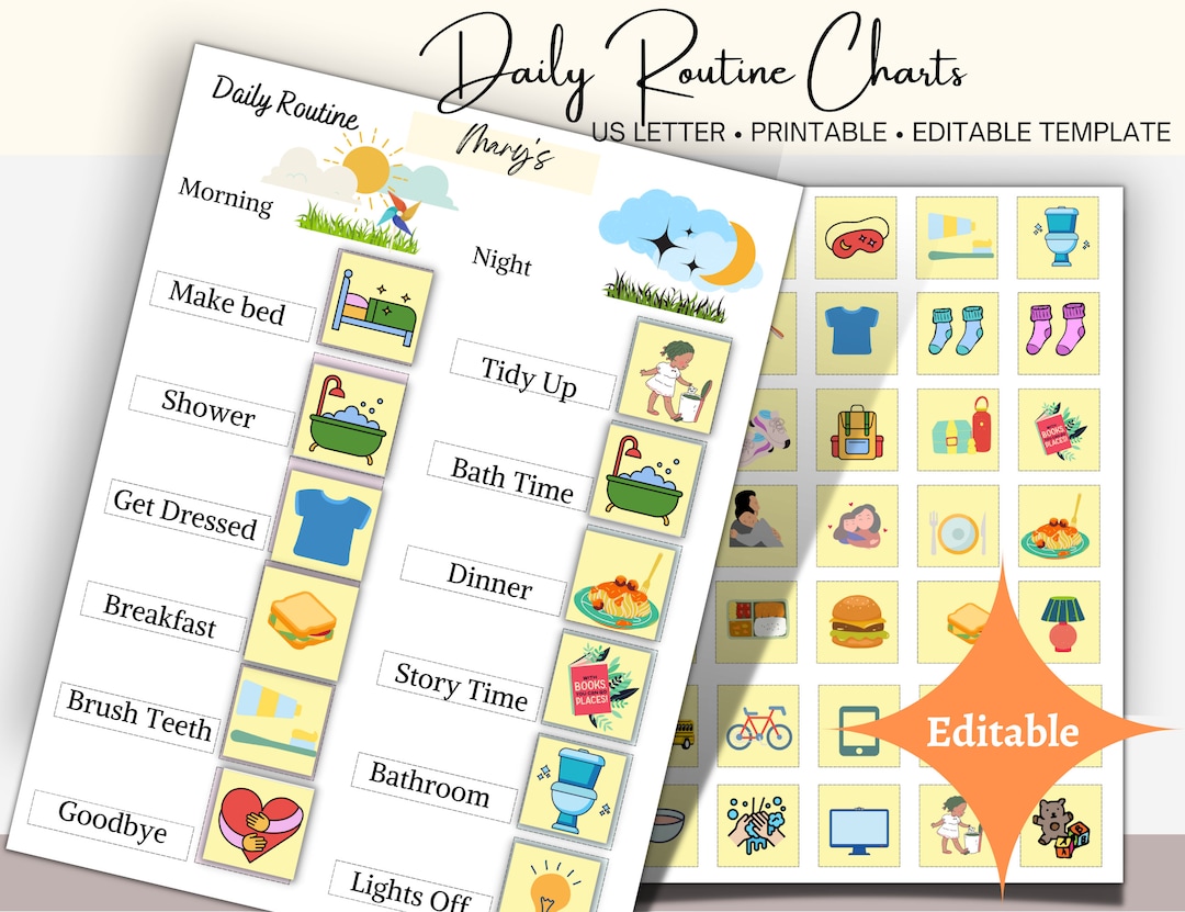 Kids Daily Routine Charts Printable, Morning and Night Schedule Letter ...