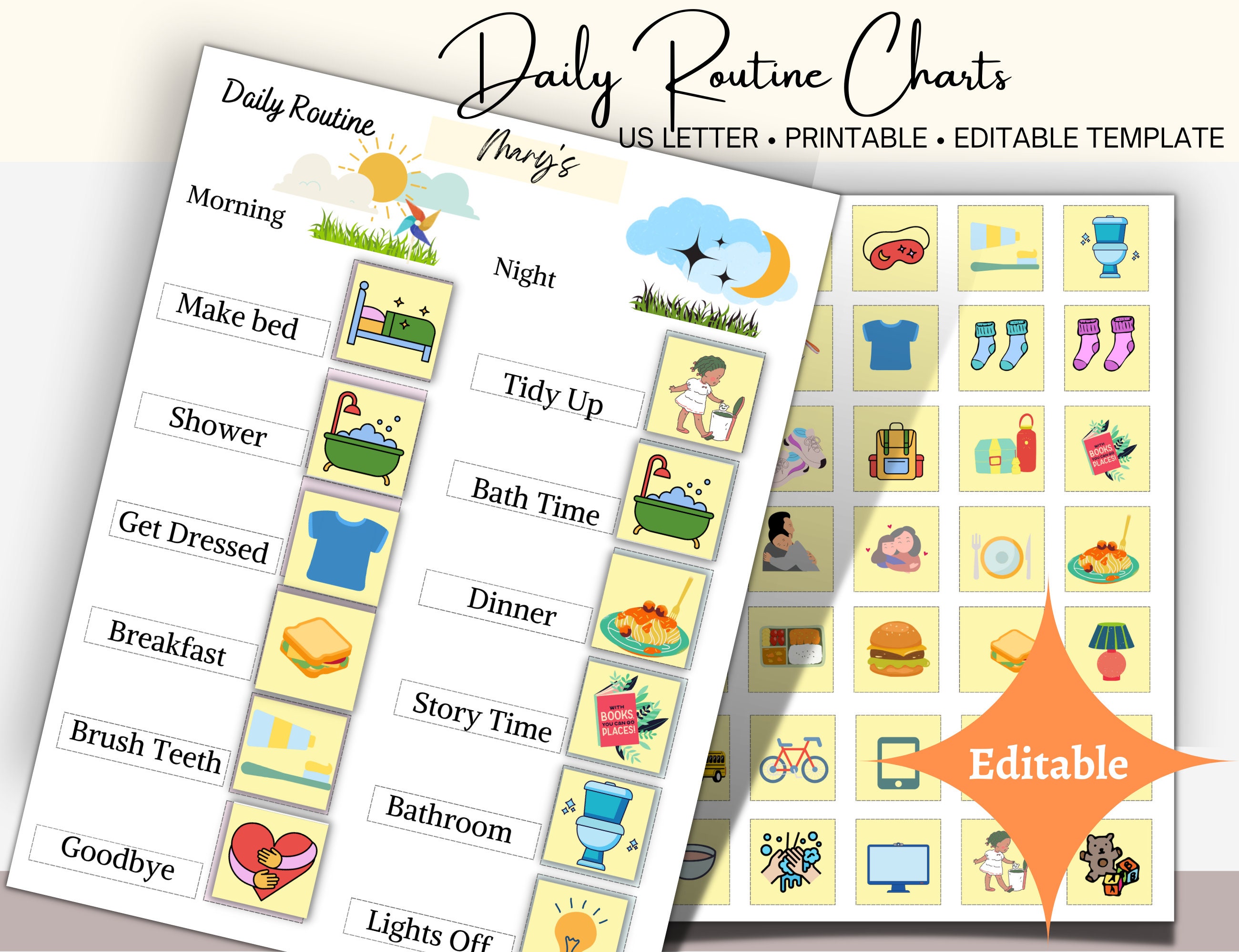 Kids Daily Routine Charts Printable, Morning and Night Schedule Letter ...