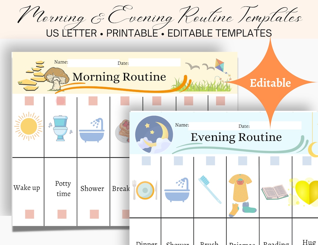 Morning and Evening Routine Chart for Kids, Toddler Editable Checklist ...