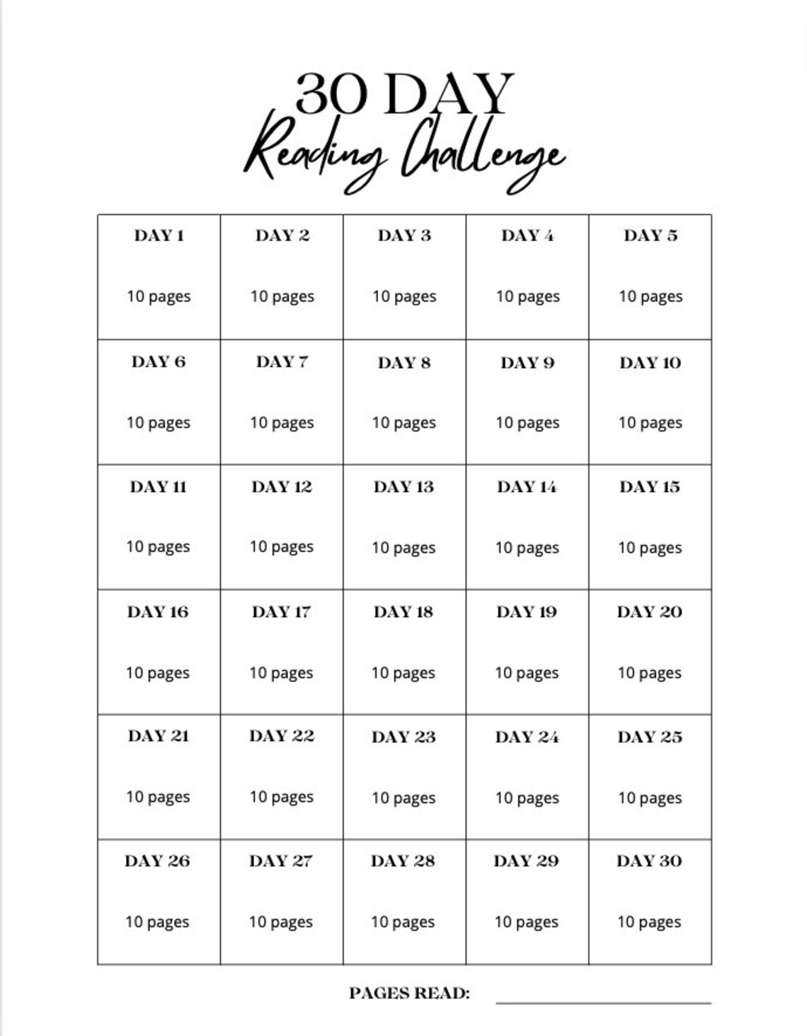 30 Day Reading Challenge | Printable PDF - Etsy