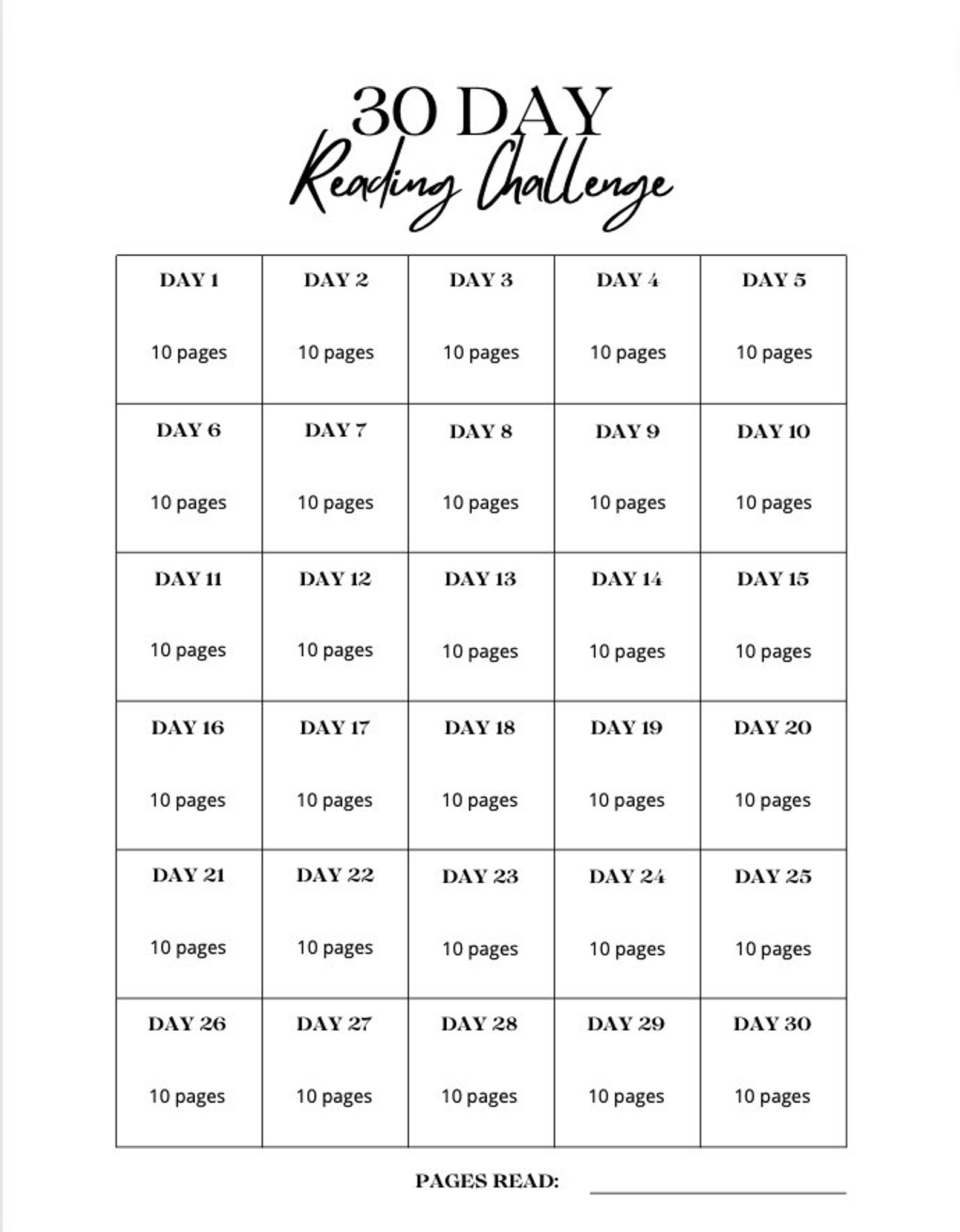 30 Day Reading Challenge | Printable PDF - Etsy