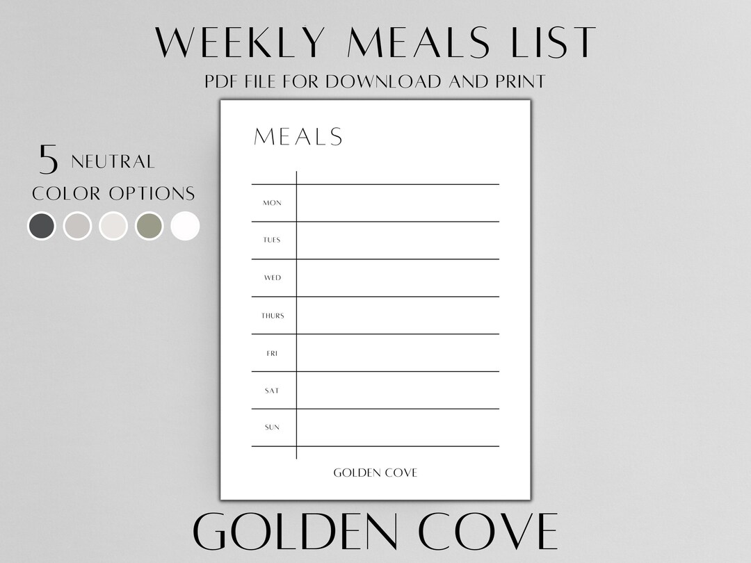 PDF Download Meals List | Weekly Meals List | Digital Meals List ...