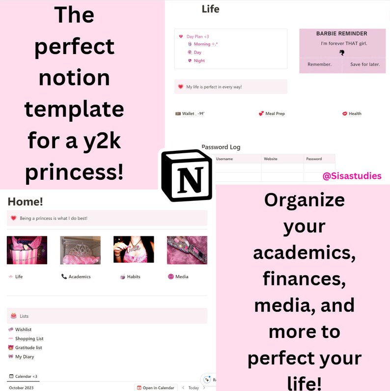 Ultimate That Girl Notion Life Planner Template Pink Princess Y2k